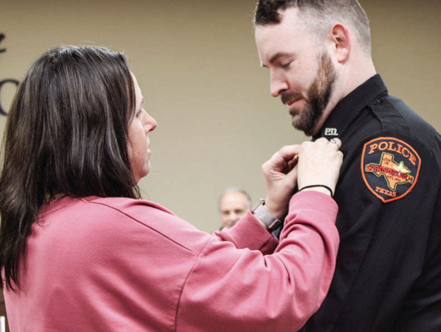 Springtown PD Officer Shane Brown receives corporal pin at council meeting